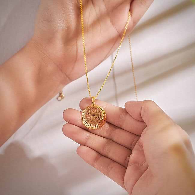 Flat round gold pendant necklace store